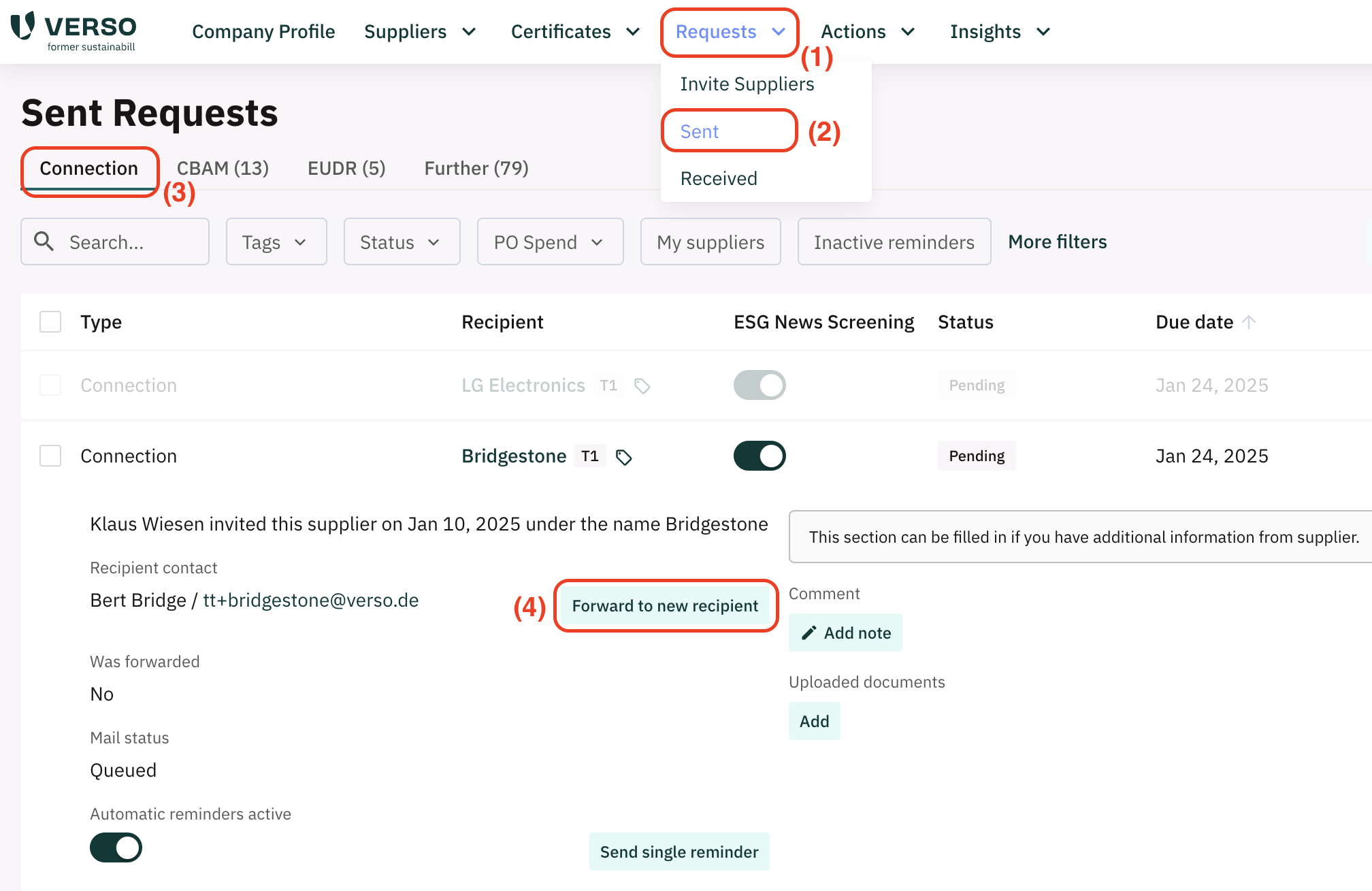 How do I change the recipient of a pending connection request?